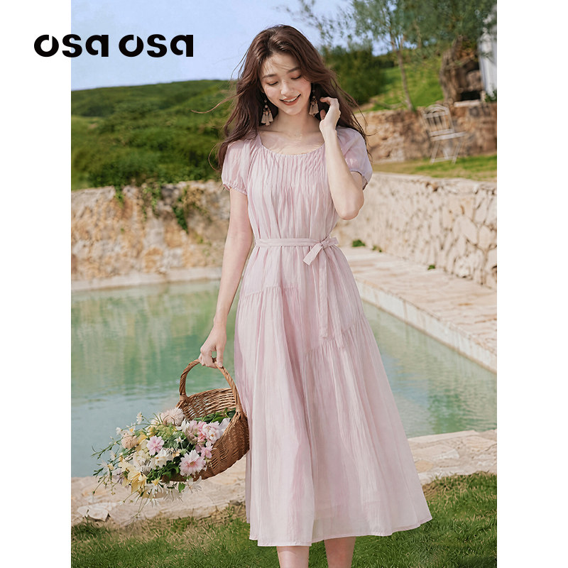 【莱赛尔】OSA欧莎法式粉色连衣裙女夏季新款收腰方领泡泡袖长裙