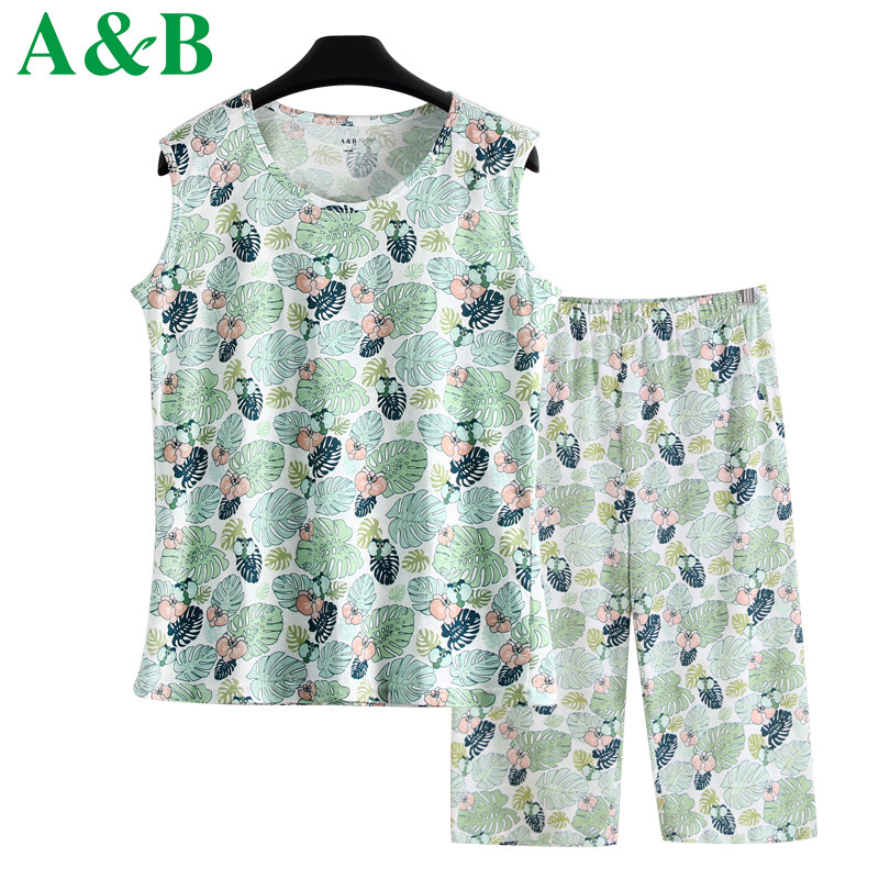 ab女夏纯棉绸老人汗衫无袖背心七分裤套装全棉宽松大码家居奶奶装