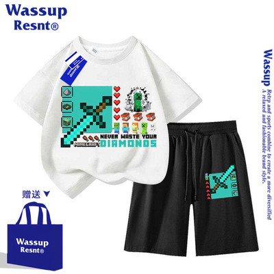 WASSUP童装Minecraft苦力怕我的世界短袖t恤短裤套装男女儿童夏装