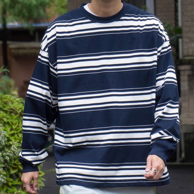 日系潮流蓝白条纹长袖T恤