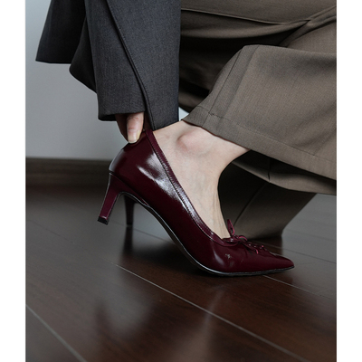 Fermina 尖头蝴蝶结浅口单鞋女细跟中跟鞋简约气质高跟鞋超软四季