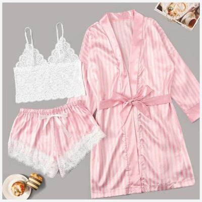 2121 women new pajamas pink striped jacket lace suit女睡衣
