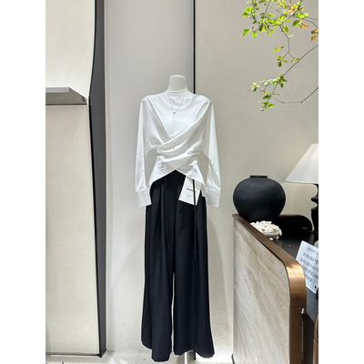 秋上新不规则短袖缎面交叉设计感小众上衣小衫(配腰绳)(无26-9818