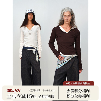 SQUARE CIRCLE 方圆全棉微透基础V领开领正肩修身显瘦长袖T恤
