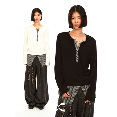 方圆拼接黑白格纹长袖亨利衫