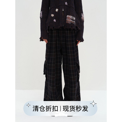 SQUARE CIRCLE 方圆羊毛呢格纹复古褶量感秋冬宽松休闲工装裤长裤