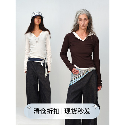 SQUARE CIRCLE 方圆全棉微透基础V领开领正肩修身显瘦长袖T恤