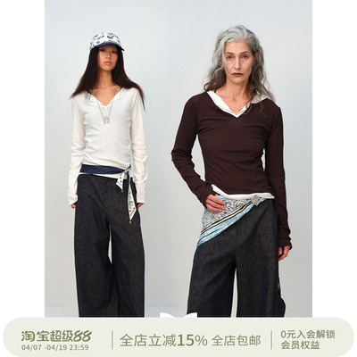 SQUARE CIRCLE 方圆全棉微透基础V领开领正肩修身显瘦长袖T恤