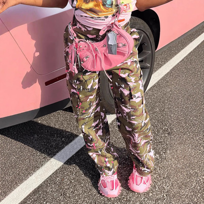 Women's high waisted camouflage pocket multicolored pants