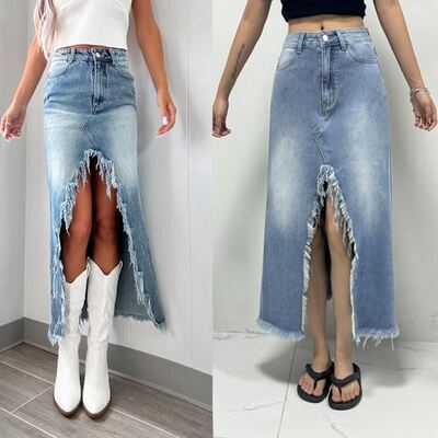 欧美高腰不规则毛边牛仔裙水洗半身裙 women jeans skirt dress