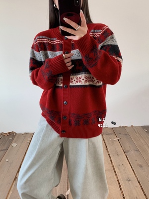 2025秋装新款韩版圣诞小鹿针织开衫女宽松百搭花线毛衣外套9206