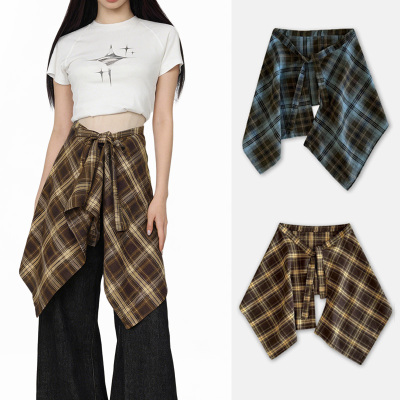 IFSONG2026新款格子衬衫绑腰屁帘一片式裤子配饰外搭系腰下摆