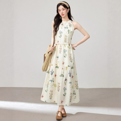 女装2026年夏季十三行新款碎花印花无袖挂脖连衣裙甜美度假风长裙