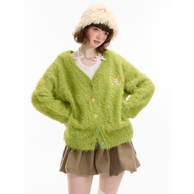 ziziFei秋冬新款温柔软糯慵懒风美式复古蝴蝶毛绒毛衣开衫外套女