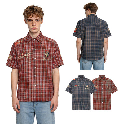 男装 美式复古勋章刺绣翻领格子衬衫正肩短袖现货短袖t恤男