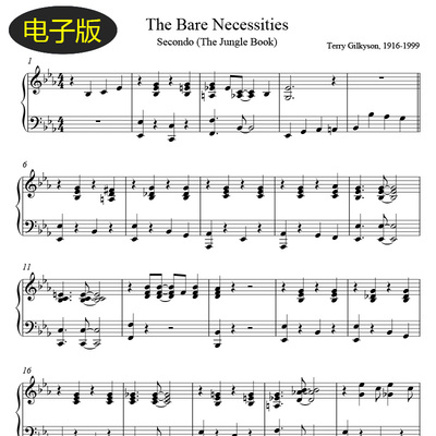 高清 The Bare Necessities奇幻森林插曲钢琴重奏谱双钢琴谱 f409