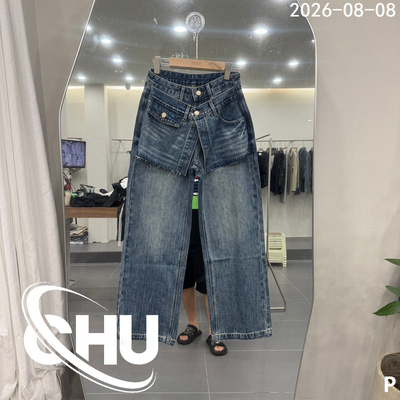 欧洲站高腰拼屁帘假两件牛仔裤