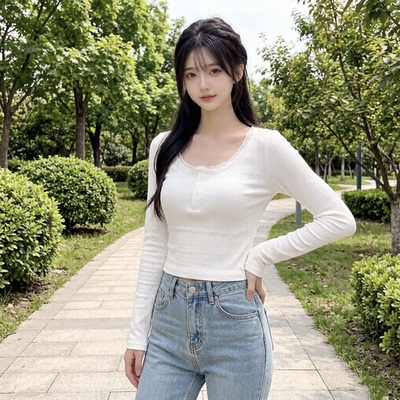 秋冬新款蕾丝花边U领T恤纯欲风设计感修身显瘦内搭打底衫辣妹上衣