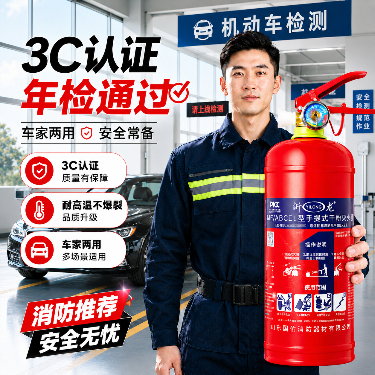 车载灭火器家用1公斤1KG小汽车年检审三件套三角架反光衣背心套装