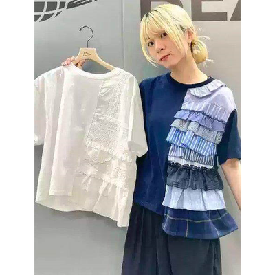 日系原单BEA*MS夏季新款不规则撞色荷叶边拼接条纹圆领短袖T恤女