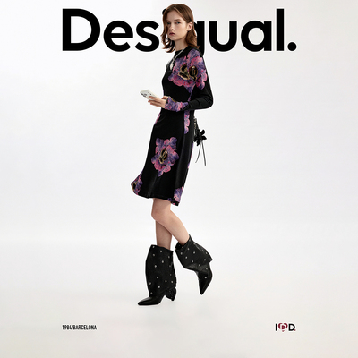 Desigual26秋冬新品撞色花卉插肩弹力修身连衣裙