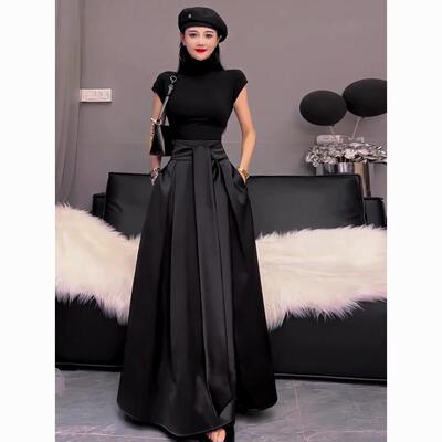 高腰系带半身裙女夏季高级感黑色大码胖MM显瘦A字伞裙大摆型长裙