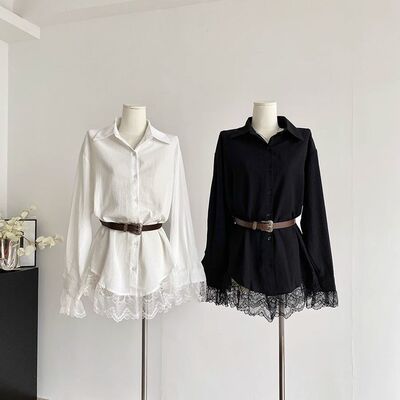 时尚气质白色蕾丝拼接衬衫裙女