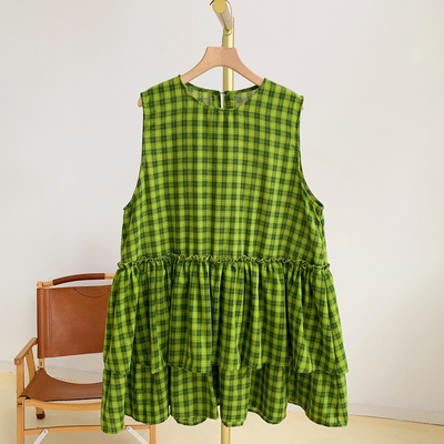 C5701格纹荷叶边圆领背心裙