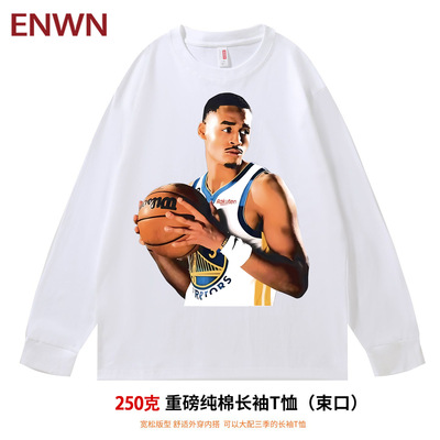 普尔普洱Poole美式宽松纯棉宽松篮球长袖束口T恤潮球衣秋冬季印花