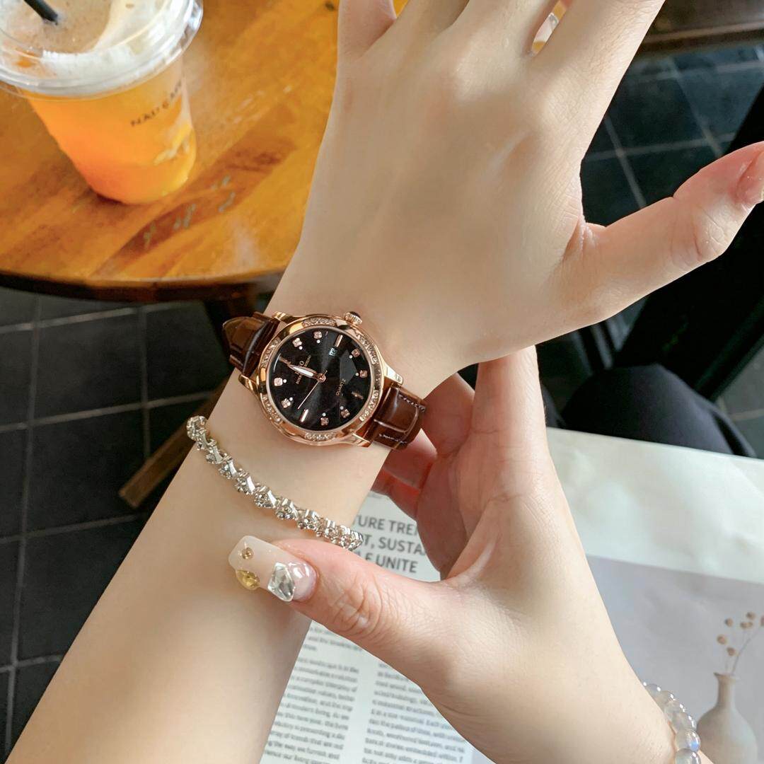 1609*女士时尚高端气质镶钻日历夜光大表盘经典百搭防水石英腕表