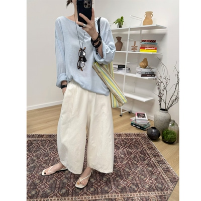MKDesign 夏季新品 松紧腰显瘦宽松百搭薄款休闲白色八分裤