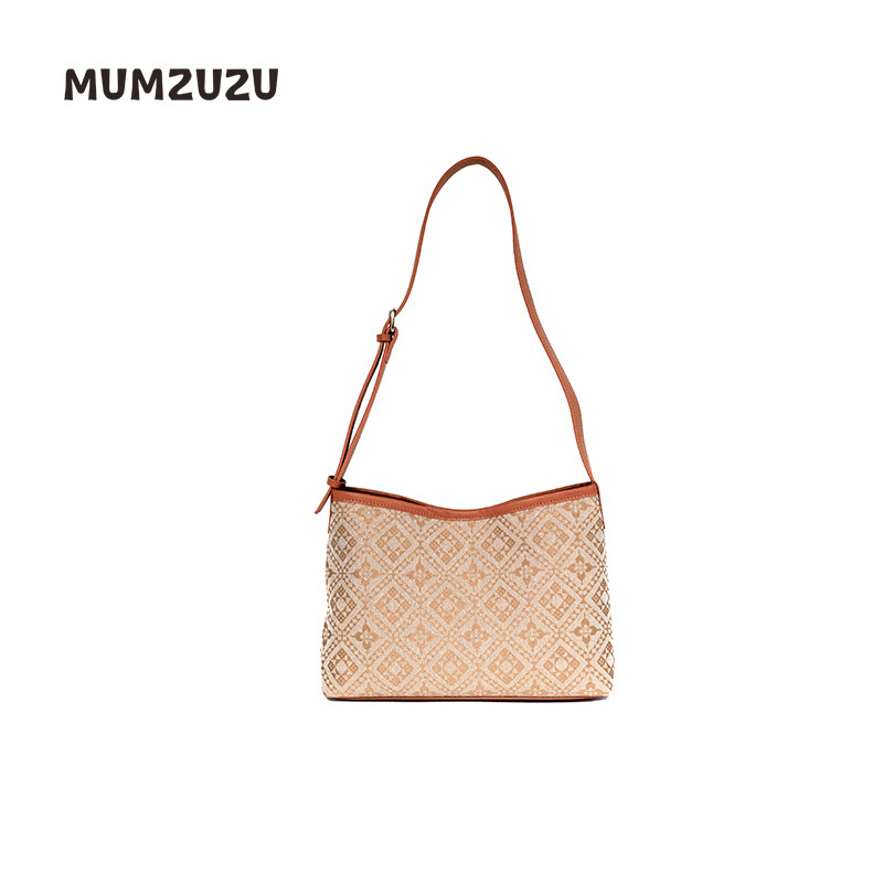 木绵远山MUMZUZU机织素锦系列浅棕色壮锦花纹小托特女包
