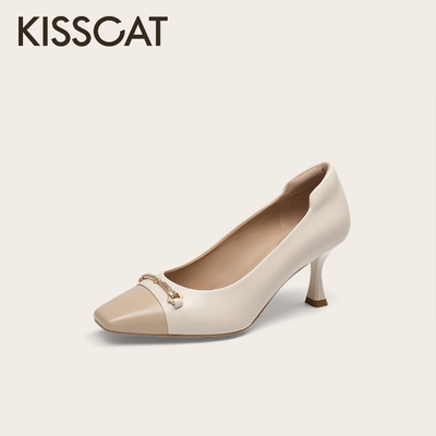 KISSCAT接吻猫2025春款方头羊皮拼接高跟鞋浅口女单鞋KA65118-12