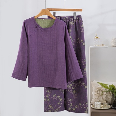 【孤品】A类全棉色织提花双层纱家居服女式睡衣复古纯棉睡衣