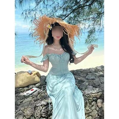 法式方领一字肩收腰显瘦连衣裙女