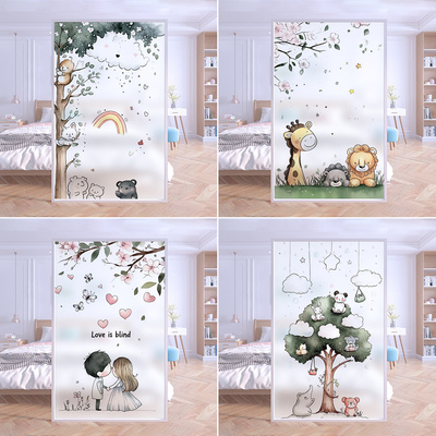 卡通小清新动物桃花树玻璃窗贴纸磨砂客厅卧室防走光透明玻璃膜贴