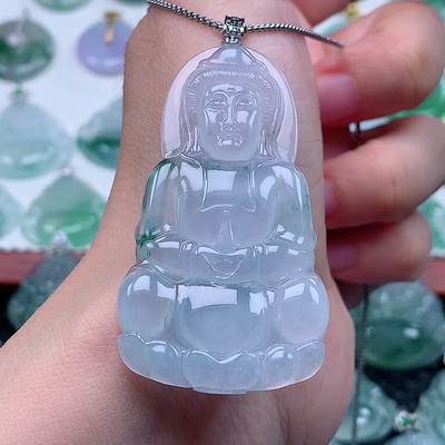 缅甸天然A货翡翠18k金镶嵌冰种紫飘花正装观音（55.1*31.6*4.5）