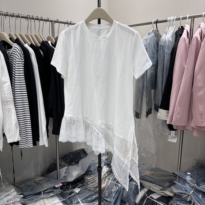 正品网红款设计感拼接斜边裁剪短袖T恤打底衫女26夏半袖96035