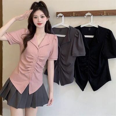 大码设计感小众短袖t恤女夏季新款胖mm遮肚显瘦修身皱褶上衣240斤