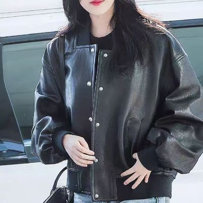 李智恩IU明星同款黑色加棉宽松pu皮衣百搭保暖棒球服短款夹克外套