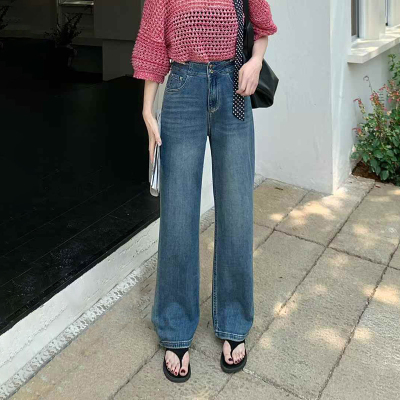 爆犀牛2025夏季新款高腰宽松深色窄版阔腿牛仔裤女显瘦直筒长裤