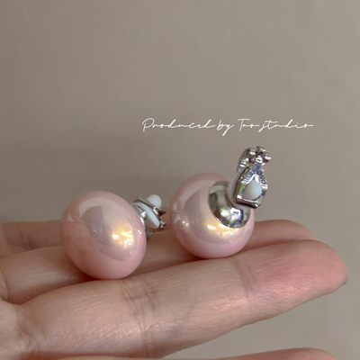 18mm樱花粉馒头珍珠耳环女小众设计气质高级感耳钉耳饰耳夹无耳洞