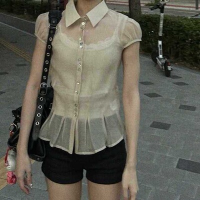 现货PREON自制赵美延同款透视叠穿小泡泡袖衬衫上衣