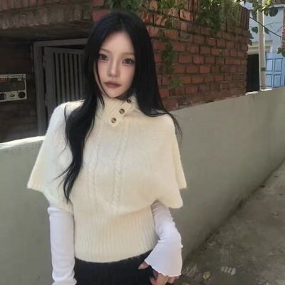 有货韩系翻领短袖针织毛衣女秋冬内搭慵懒风麻花中袖斗篷上衣