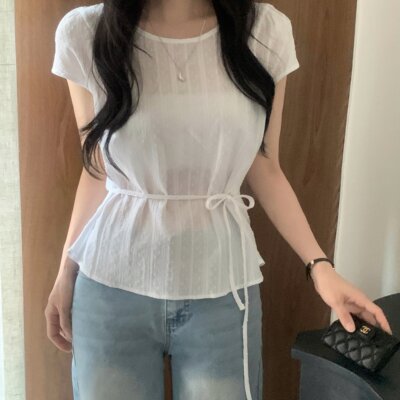 有货 韩国chic 夏日 简约 提花 绑带收腰 短袖衬衫
