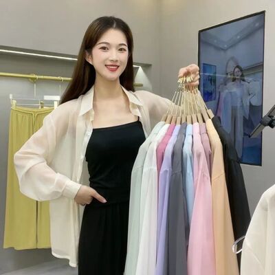 亮闪闪的珠光纱雪纺长袖防晒衫女春夏宽松百搭衬衣外套空调衫薄款