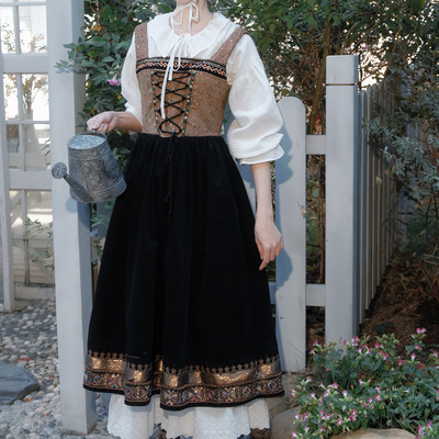 拼接背心灯芯绒连衣裙棉碎花