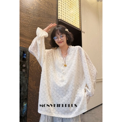 大码微胖立体花蕾丝V领打底上衣