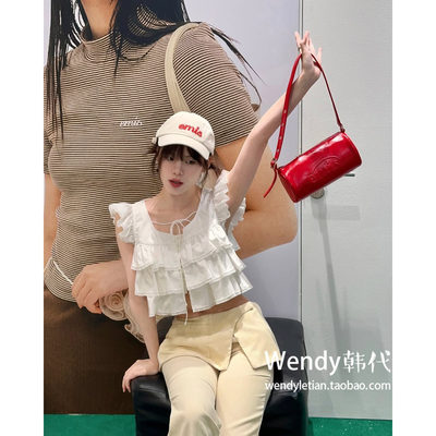 韩国代购小众设计师 emis 新款压纹字母圆筒包单肩手提腋下包