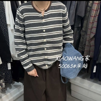 小王家50063秋装韩版时尚百搭圆领条纹针织开衫女毛衣外套上衣潮
